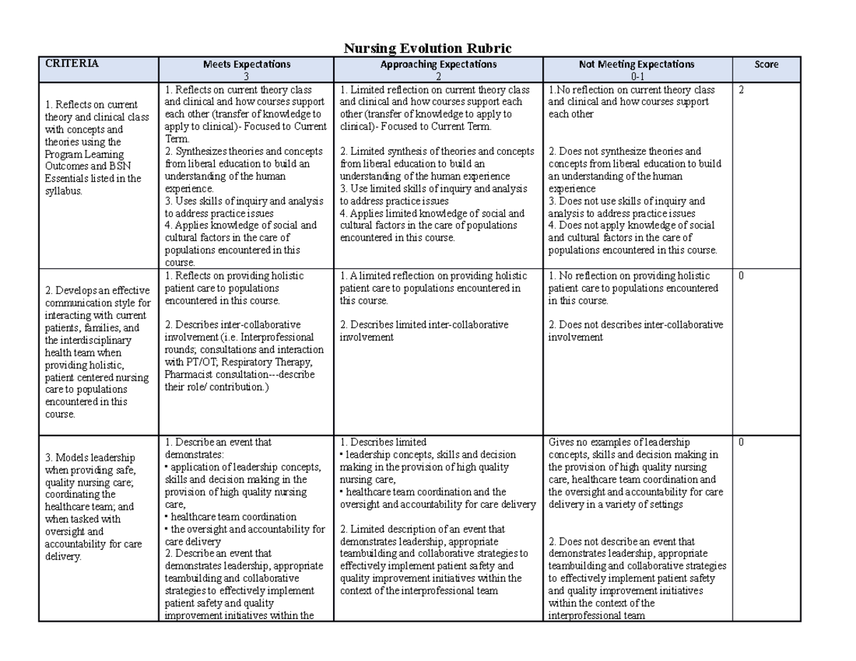 N307 Nursing Evolution Rubric - Nursing Evolution Rubric CRITERIA Meets ...
