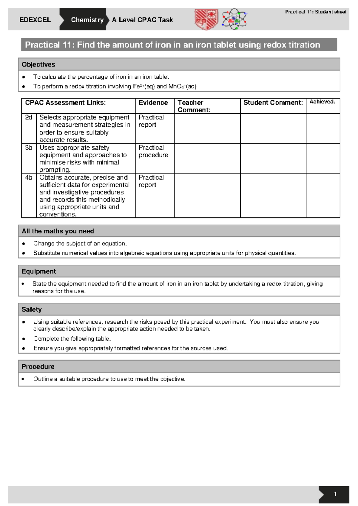 CPAC 11 Redox Titration 2020 student - EDEXCEL Chemistry A Level CPAC ...