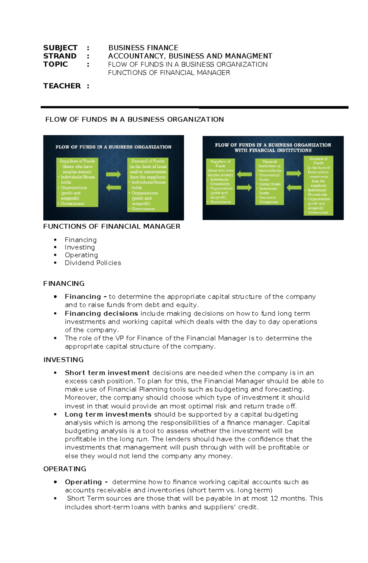 BUSINESS FINANCE FLOW OF FUNDS - SUBJECT : BUSINESS FINANCE STRAND ...