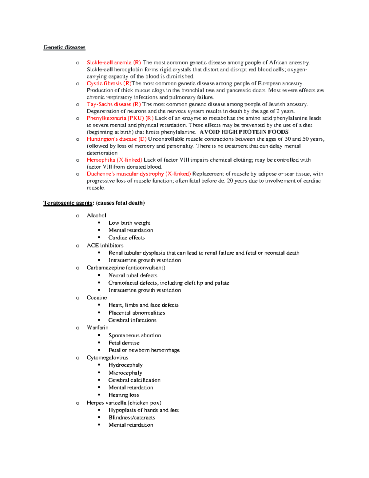 week 1 OB Genetics, Fertility, and Fetal Development - Genetic diseases o Sickle-cell anemia (R ...