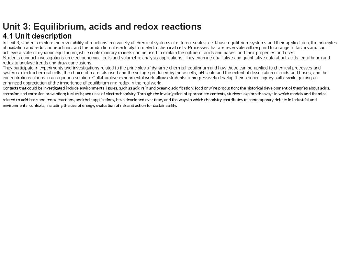 CHEM UNIT 3 AND 4 - Unit 3: Equilibrium, acids and redox reactions 4 ...