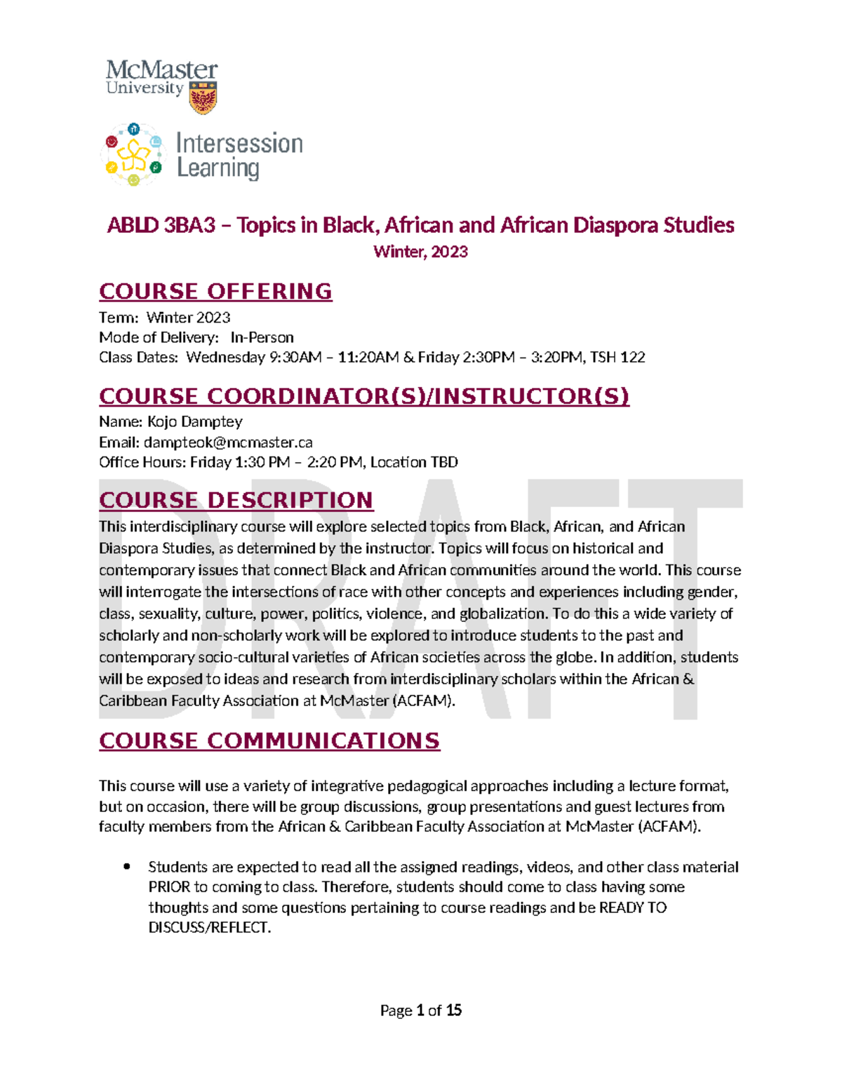 ABLD 3BA3 Course Outline Winter 2023 - ABLD 3BA3 – Topics in Black ...
