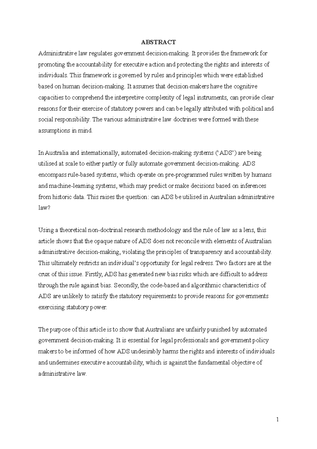 Assessment 1 Example - ABSTRACT Administrative law regulates government ...