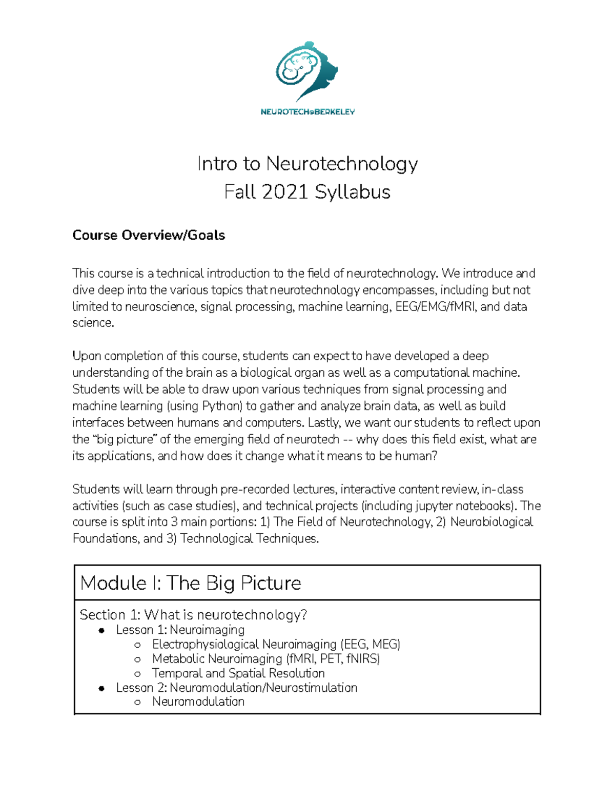 Intro to Neurotech Syllabus F21 Details - Intro to Neurotechnology Fall ...