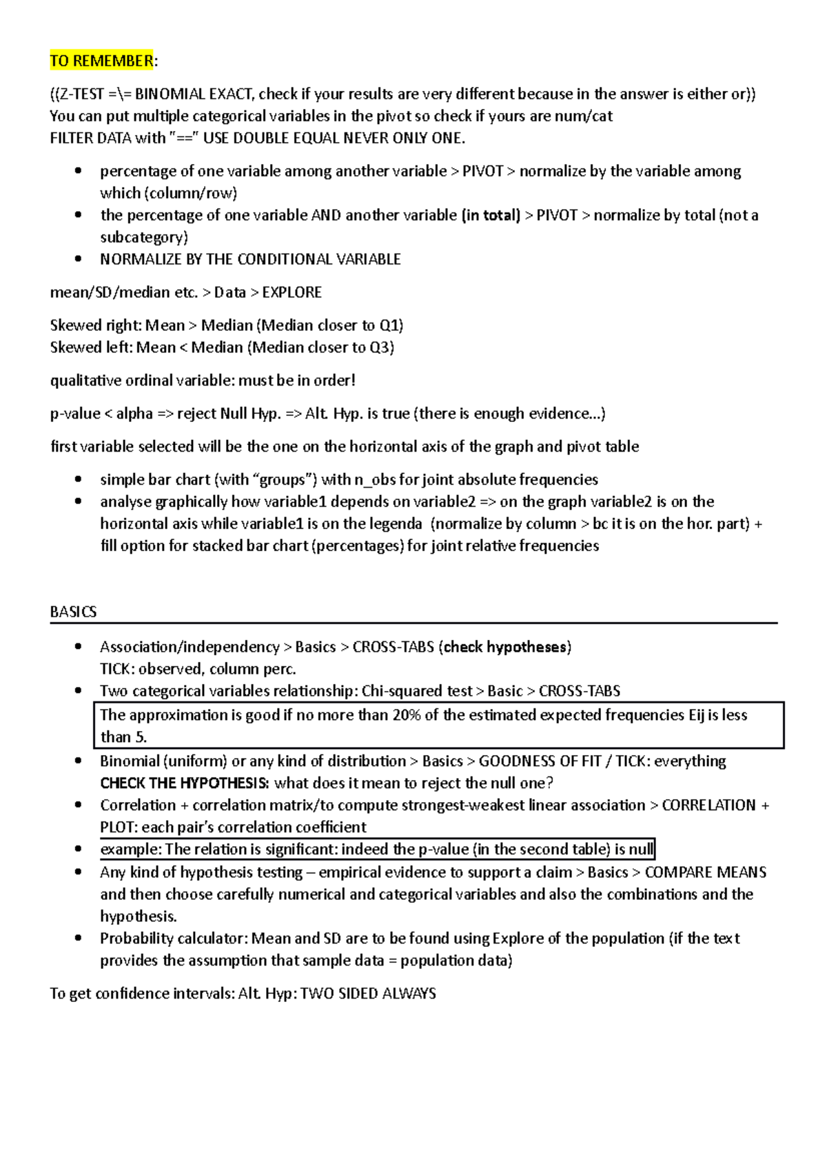 R/Radiant cheat sheet - TO REMEMBER: ((Z-TEST == BINOMIAL EXACT, check ...