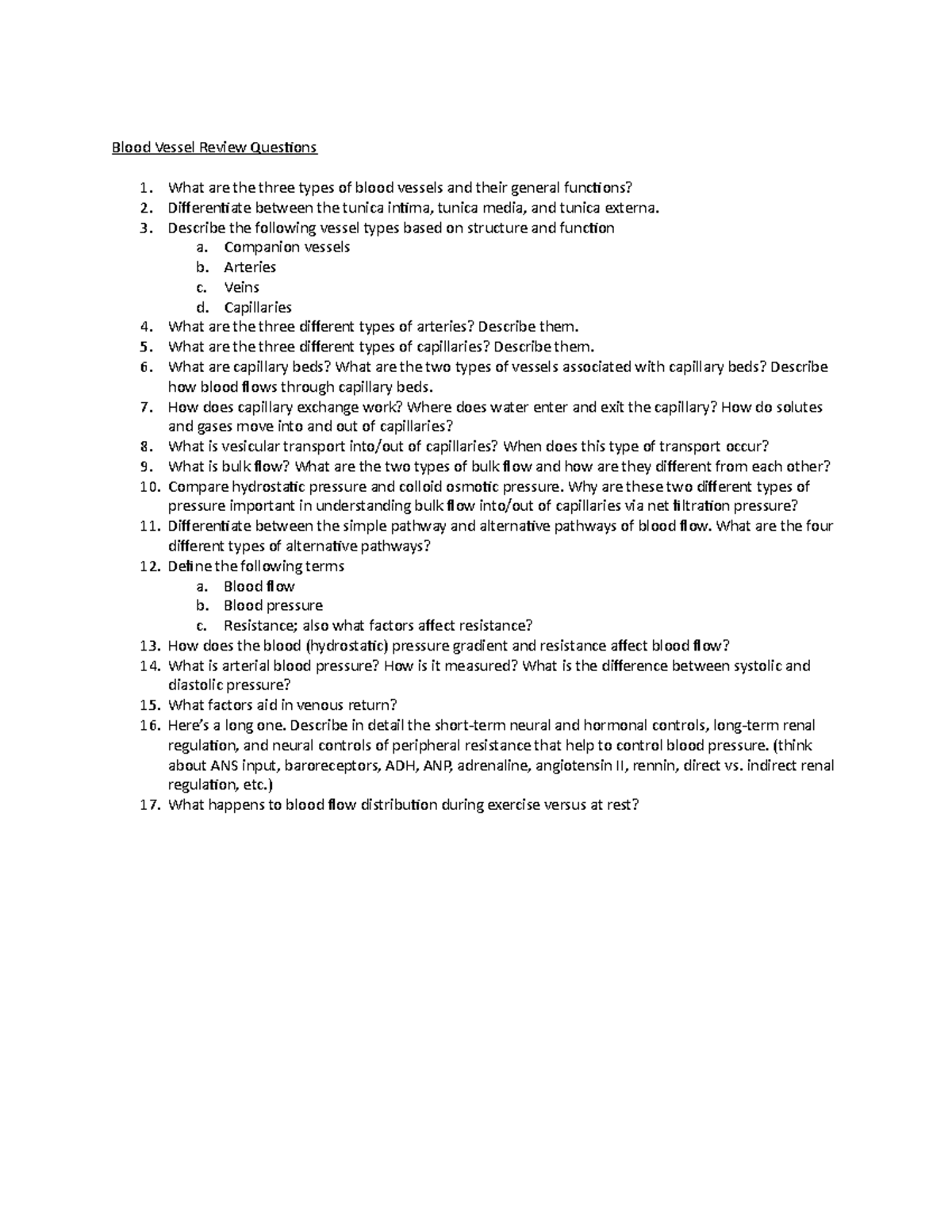 Blood Vessel Review Questions - Describe the following vessel types ...