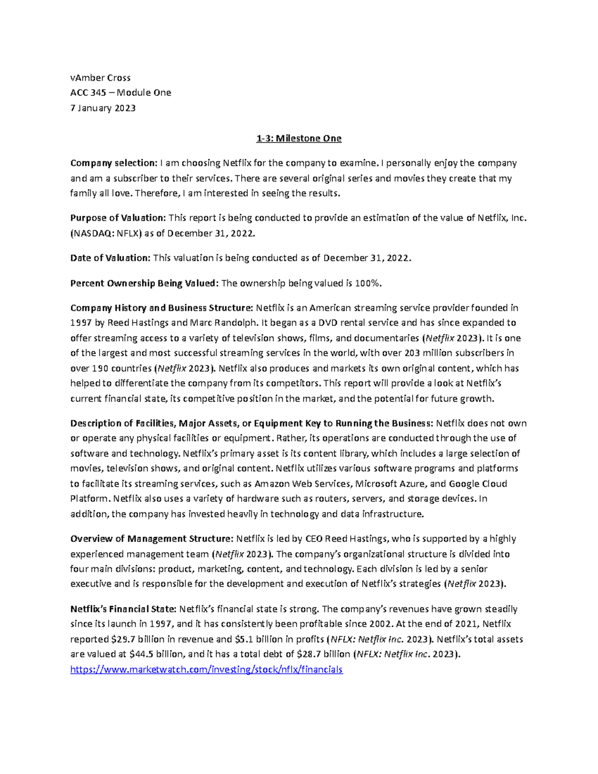 Module 3 Course 1-3 - vAmber Cross ACC 345 – Module One 7 January 2023 ...