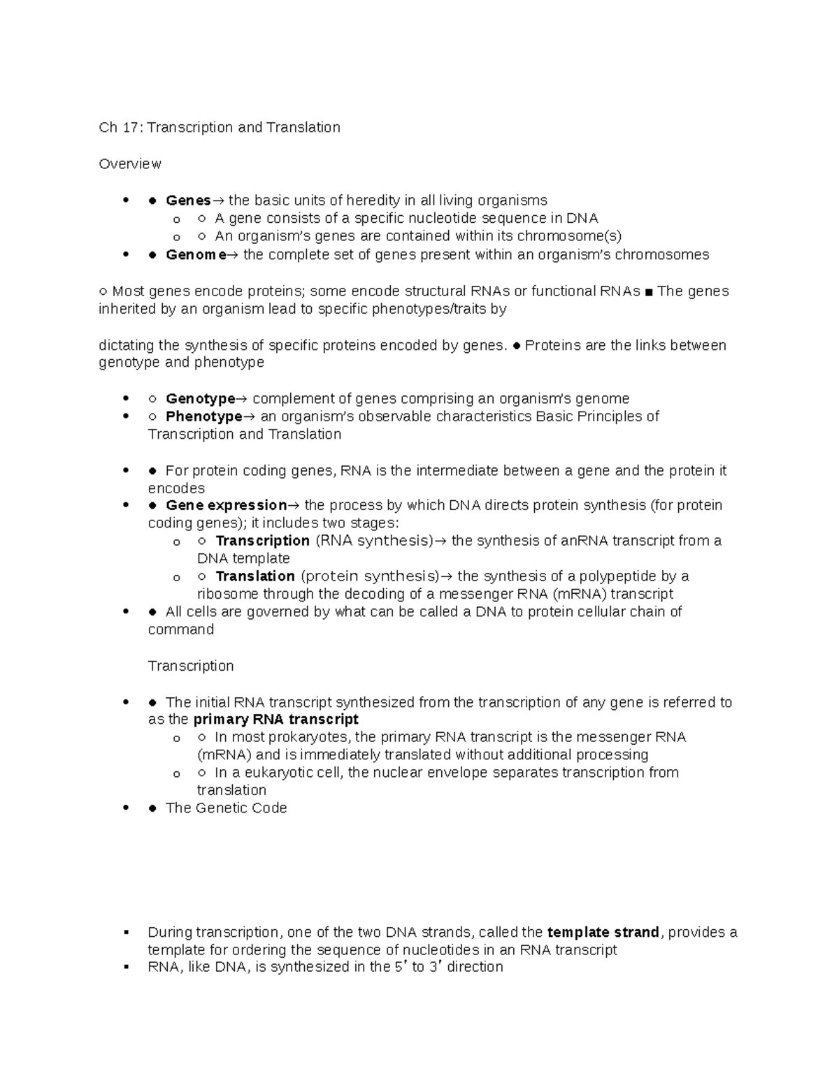 Ch 17 - notes - Ch 17: Transcription and Translation Overview Genes→ ...