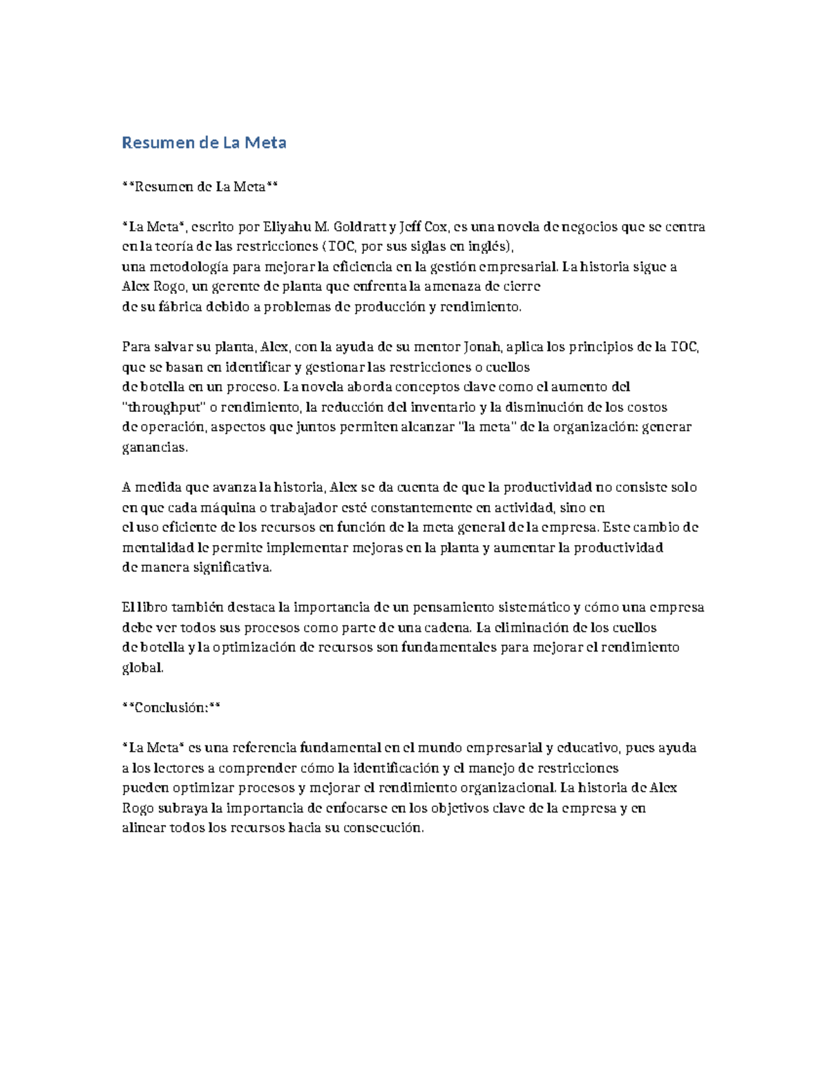 Resumen La Meta - ensayo - Resumen de La Meta Resumen de La Meta La ...