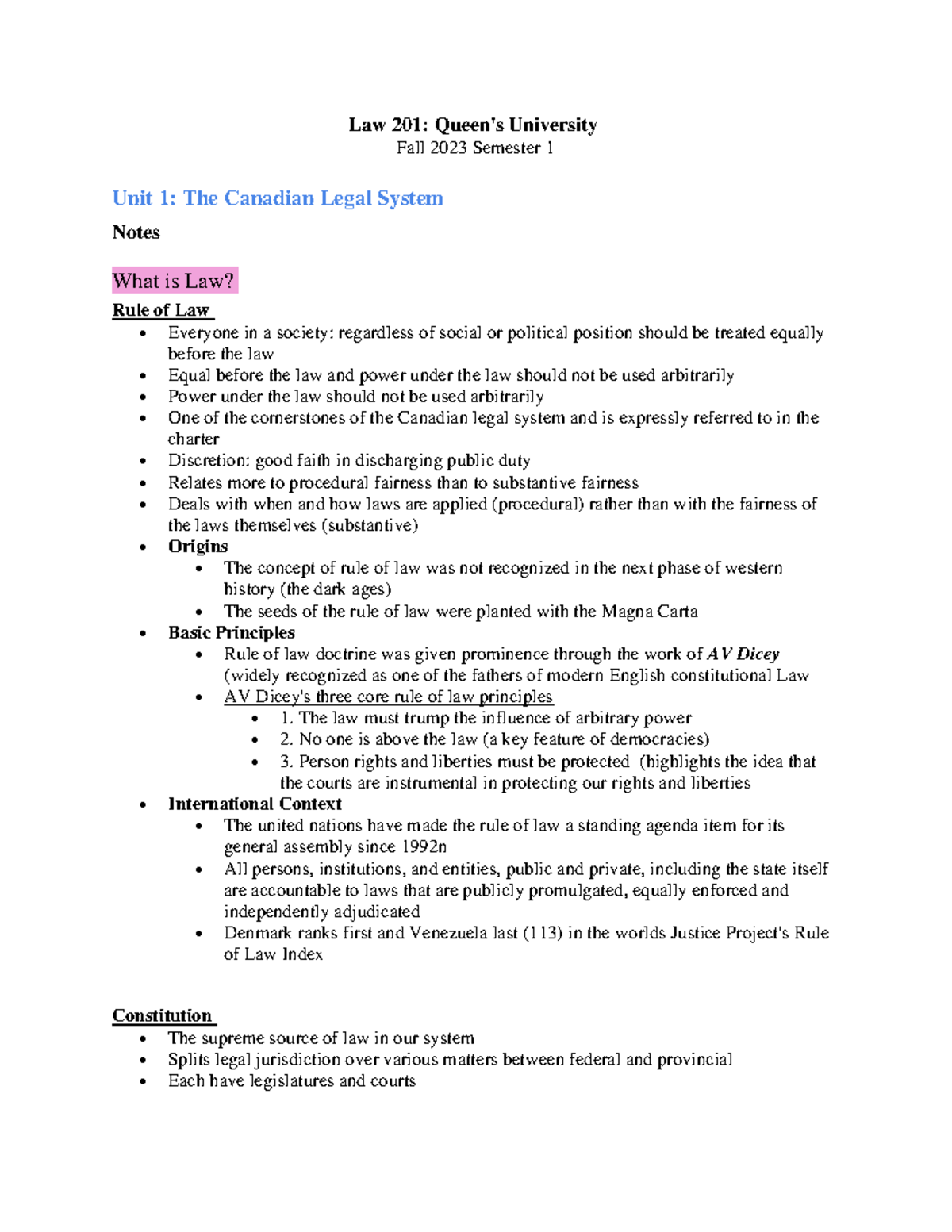 LAW 201 Notes - Law 201: Queen's University Fall 202 3 Semester 1 Unit ...