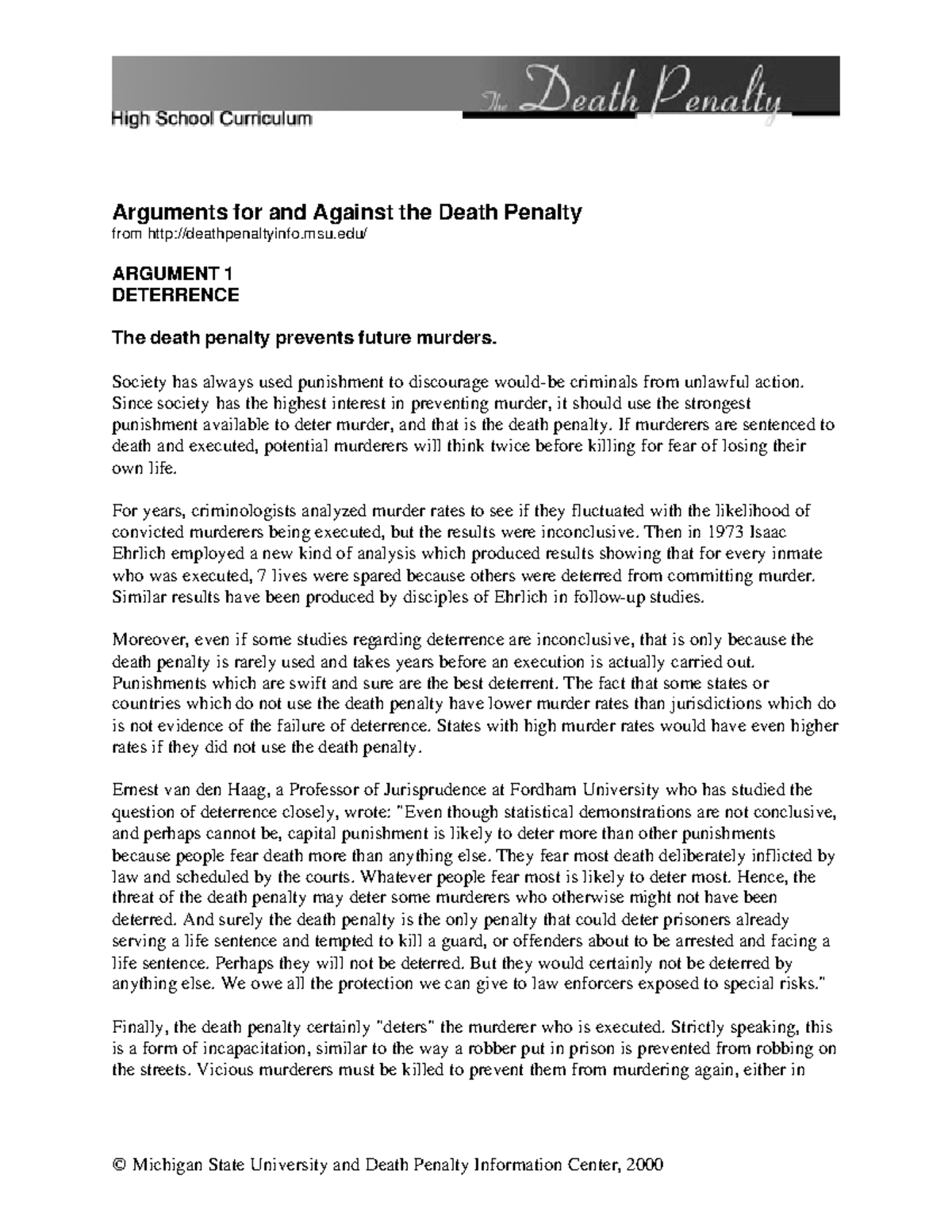 Arguments - Assignment use - Arguments for and Against the Death ...