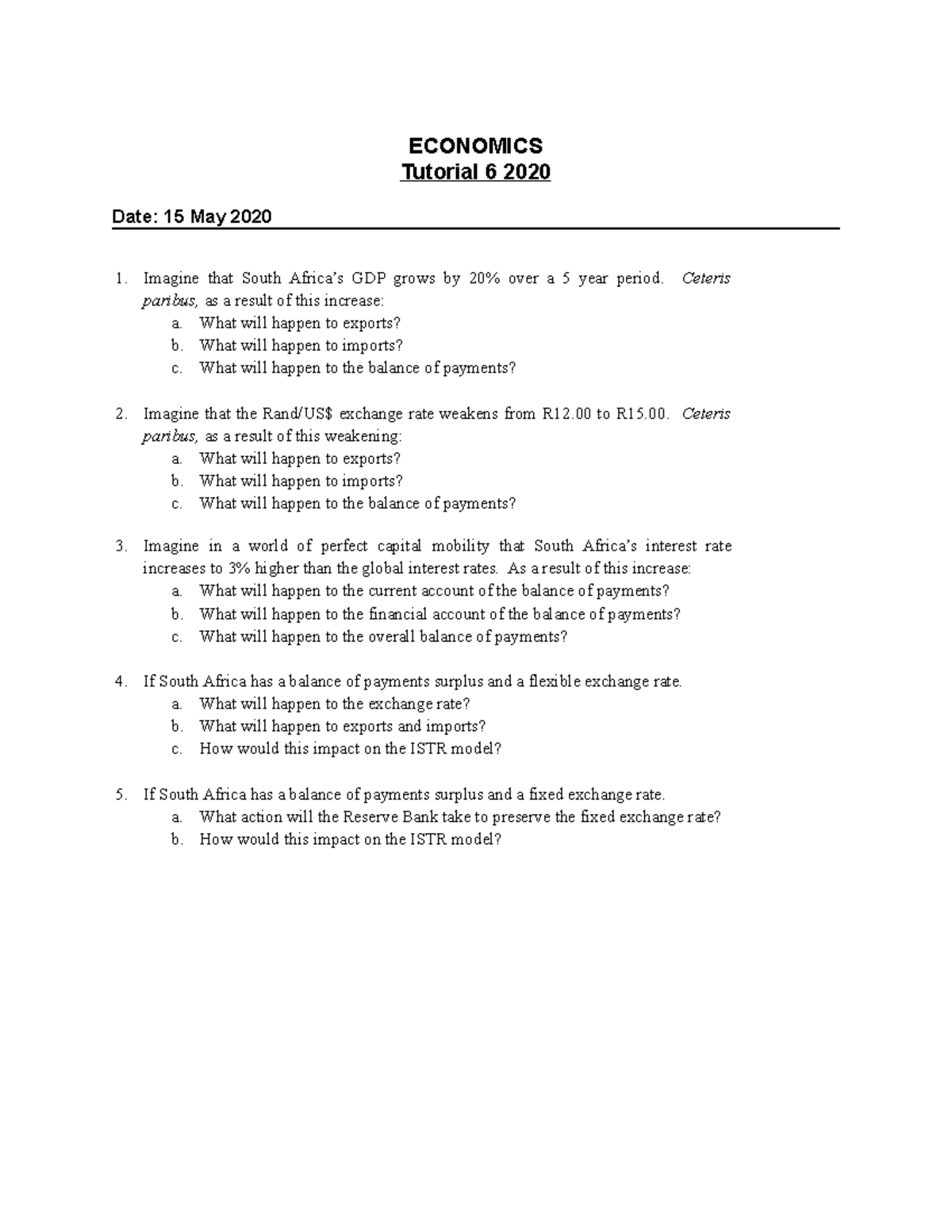 Economics Tutorial 6 2020 - Question paper - ECONOMICS Tutorial 6 2020 ...