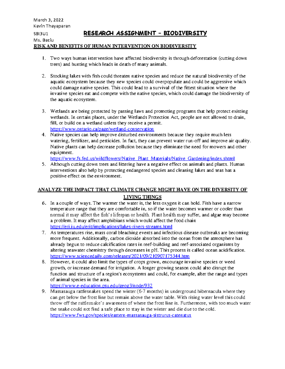 Biodiversity Research Assignment - March 3, 2022 Kavin Thayaparan ...