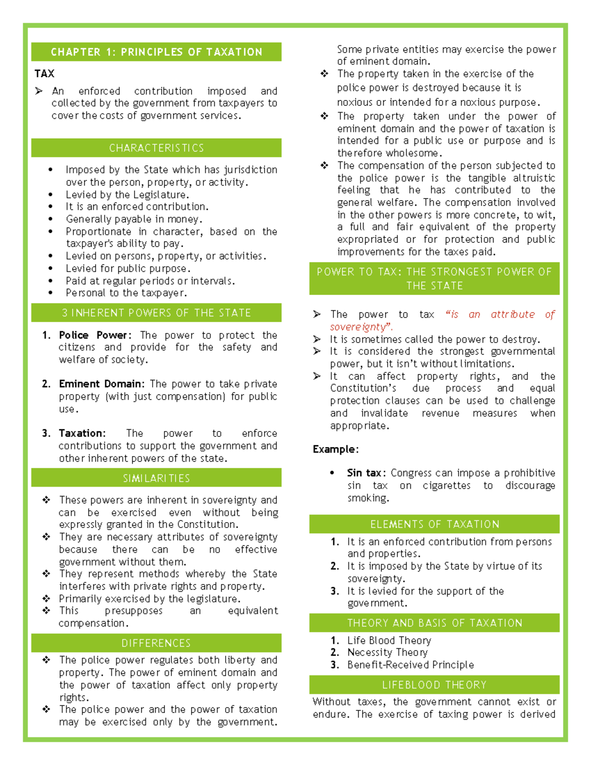 Taxation Notes - NONE - CHAPTER 1: PRINCIPLES OF TAXATION TAX An ...