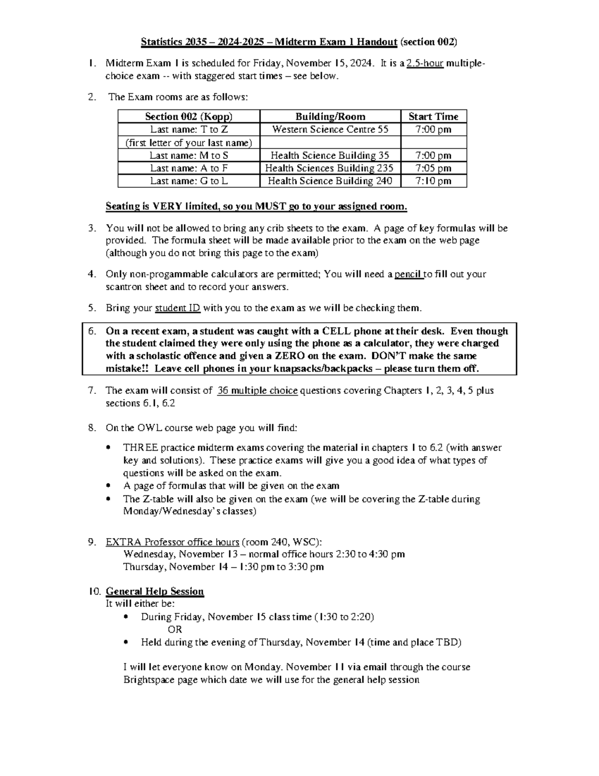Midterm 1 - Information Page (section 002) - Statistics 2035 – 2024-2025 – Midterm Exam 1 ...