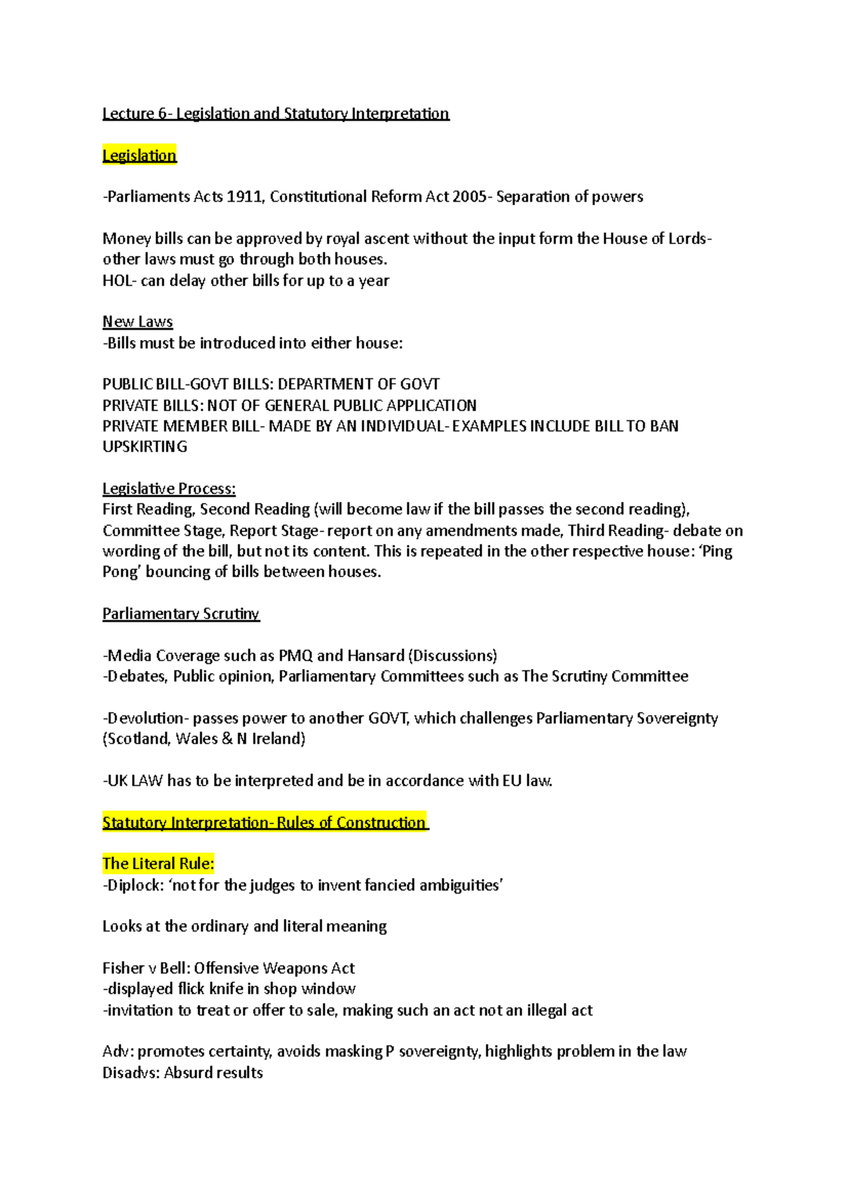 Lecture 6-Legislation and statutory interpretation - Lecture 6 ...