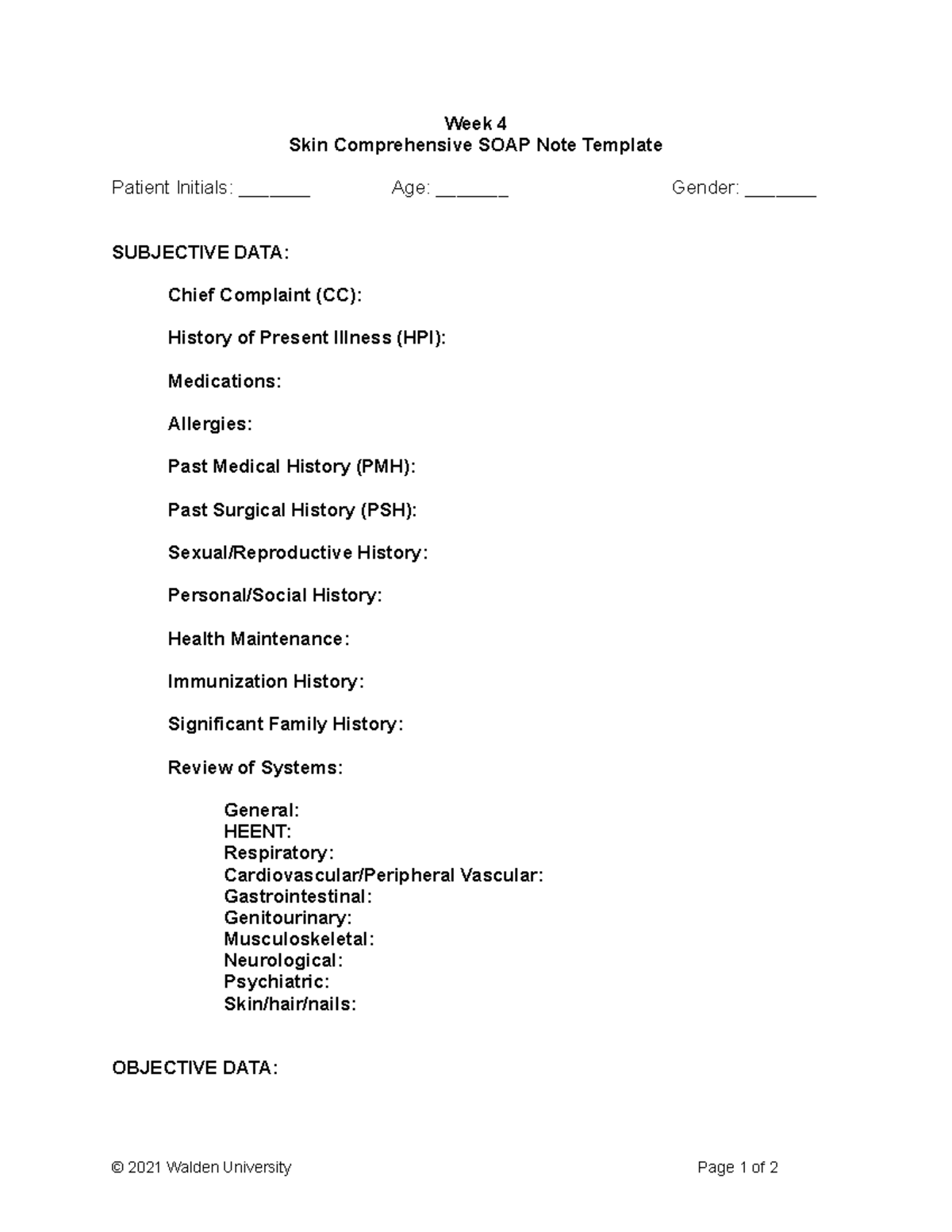 Skin Comprehensive SOAP Note Template - Week 4 Skin Comprehensive SOAP ...