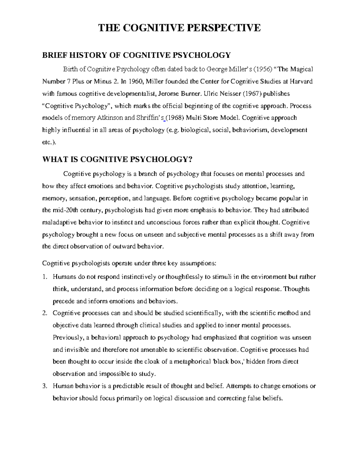 THE Cognitive Perspective- Week 3 Notes - THE COGNITIVE PERSPECTIVE ...