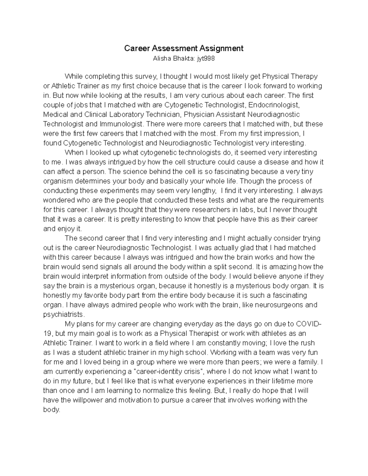 Career Assessment Assignment - Career Assessment Assignment Alisha ...