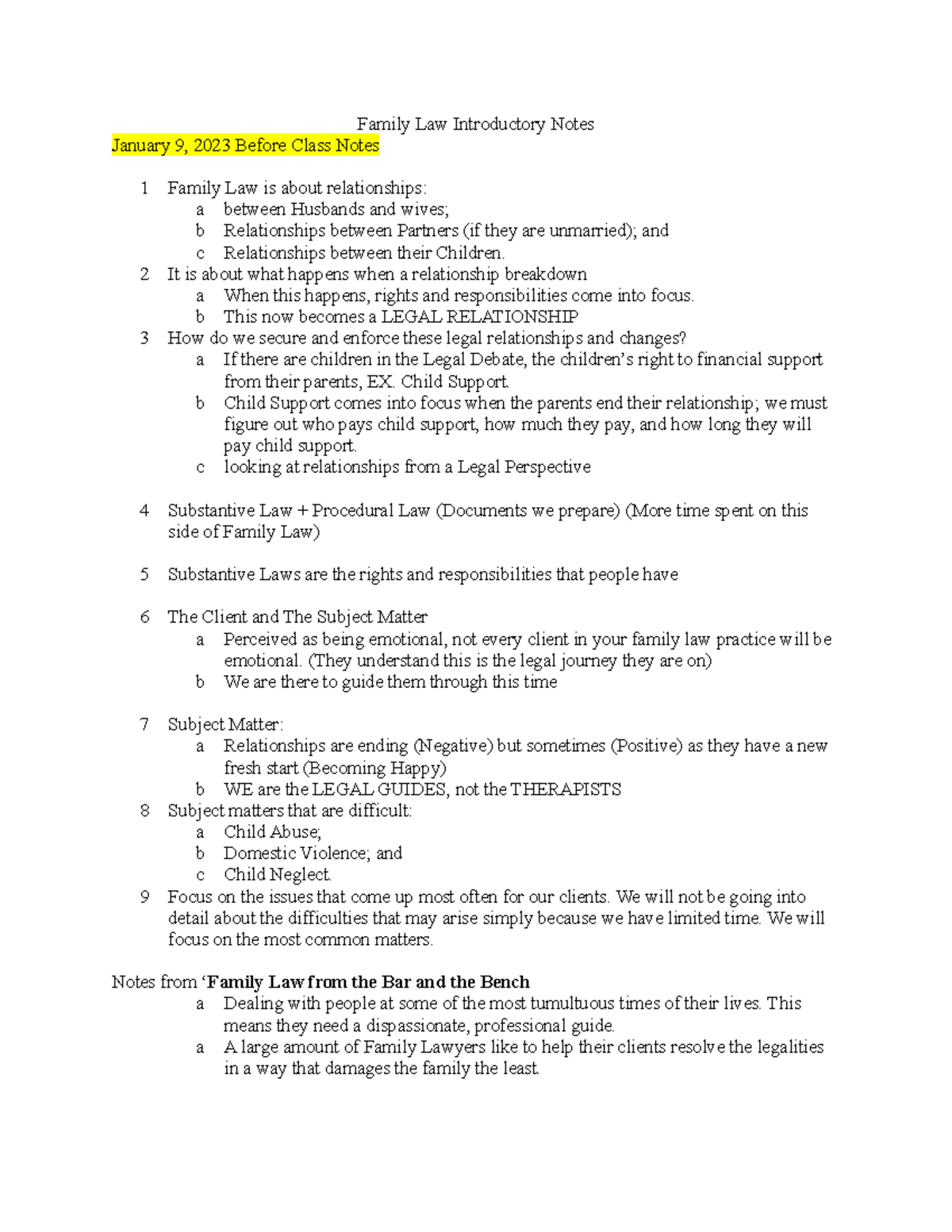 Family Law Module 1 Notes - Family Law Introductory Notes January 9 ...
