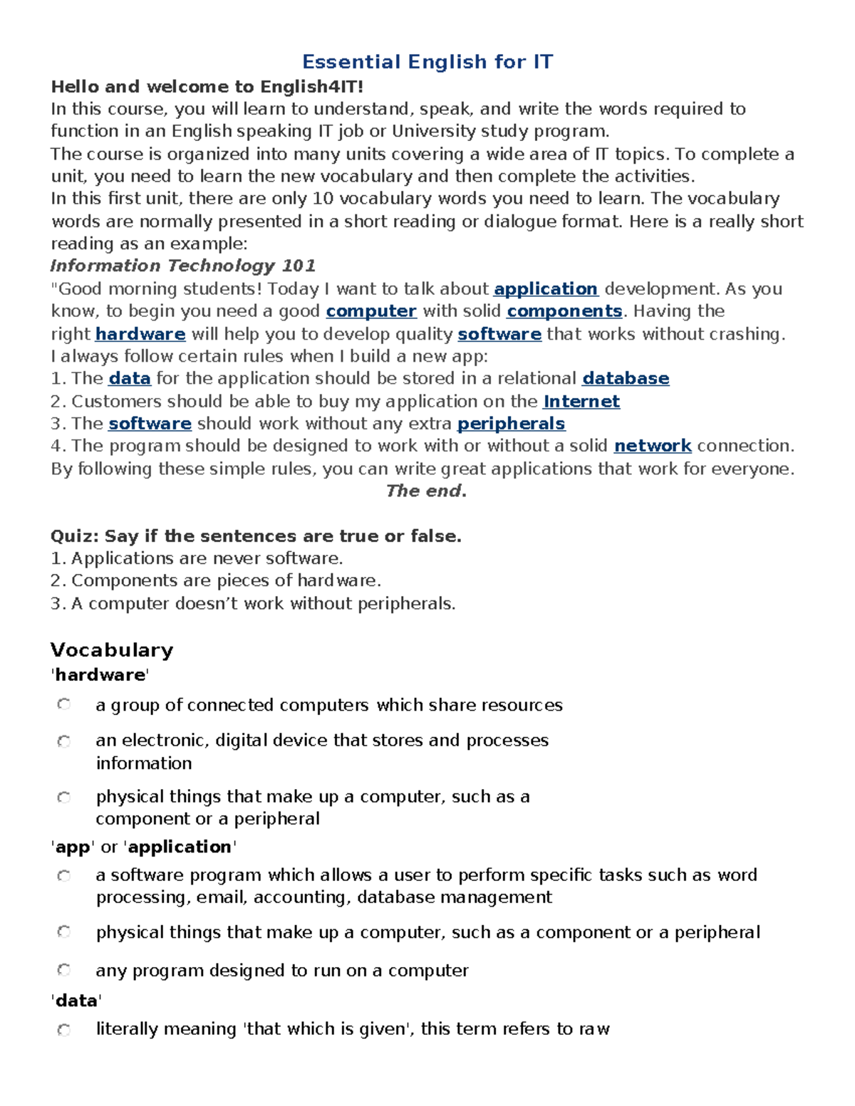 Essential English for IT - intro - Essential English for IT Hello and ...