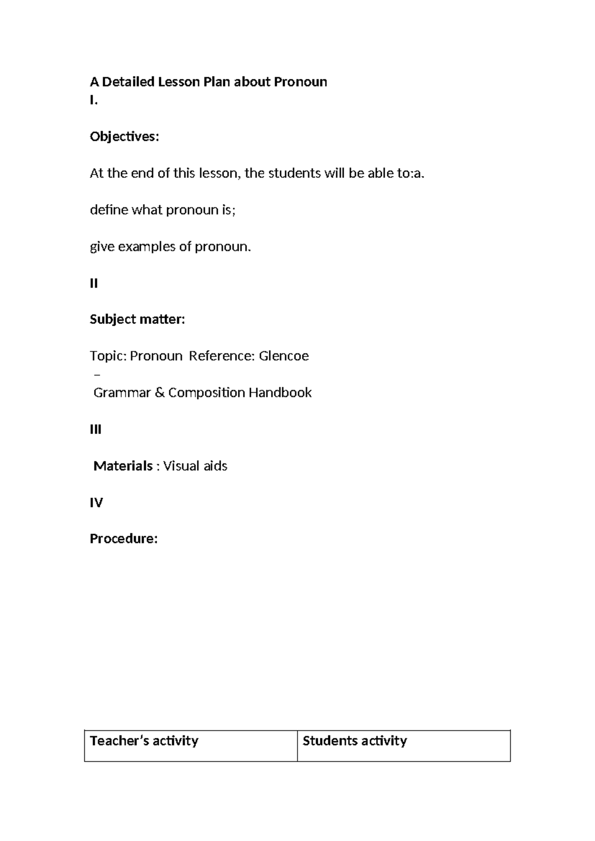 A Detailed Lesson Plan about Pronoun and its kind - A Detailed Lesson ...