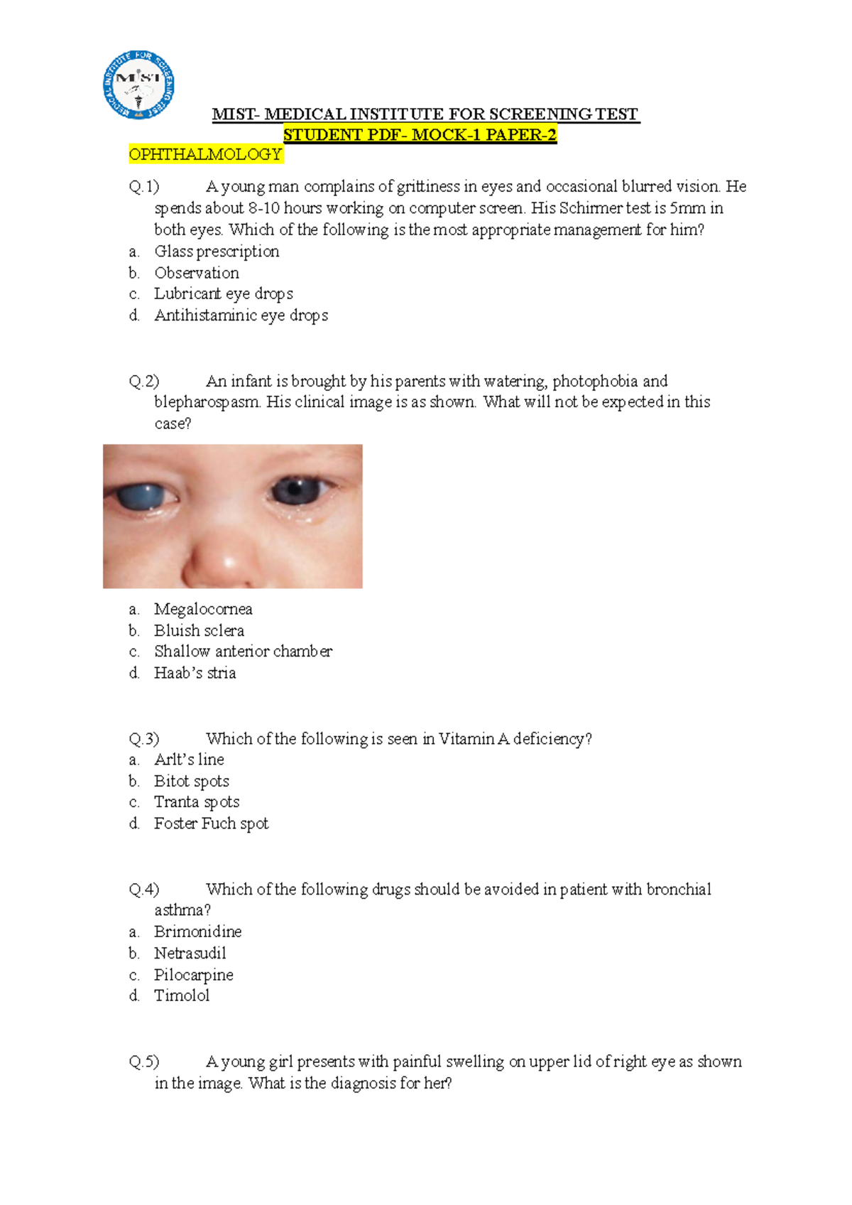 Mock-1 paper-2 - Introduction to medicine - STUDENT PDF- MOCK-1 PAPER ...