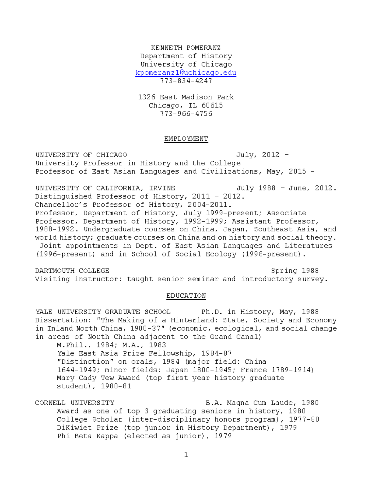 Pomeranz Kenneth CV - Divergence debate - KENNETH POMERANZ Department ...