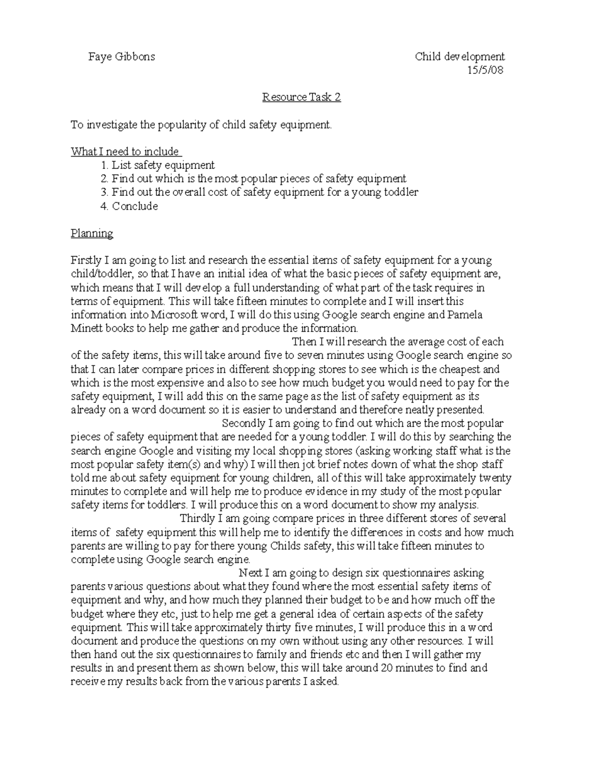 Resource Task 2 planning - Faye Gibbons Child development 15/5/08 ...