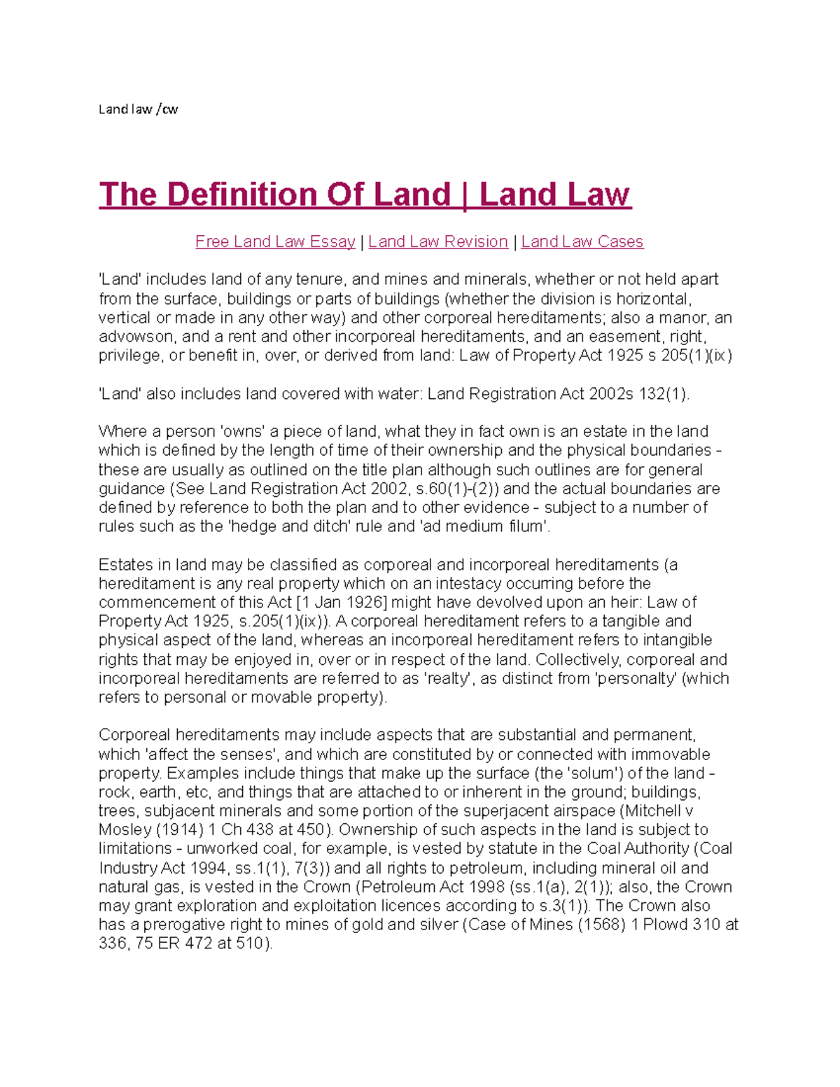 Land law cw The Definition Of Land Land - Where a person 'owns' a piece ...
