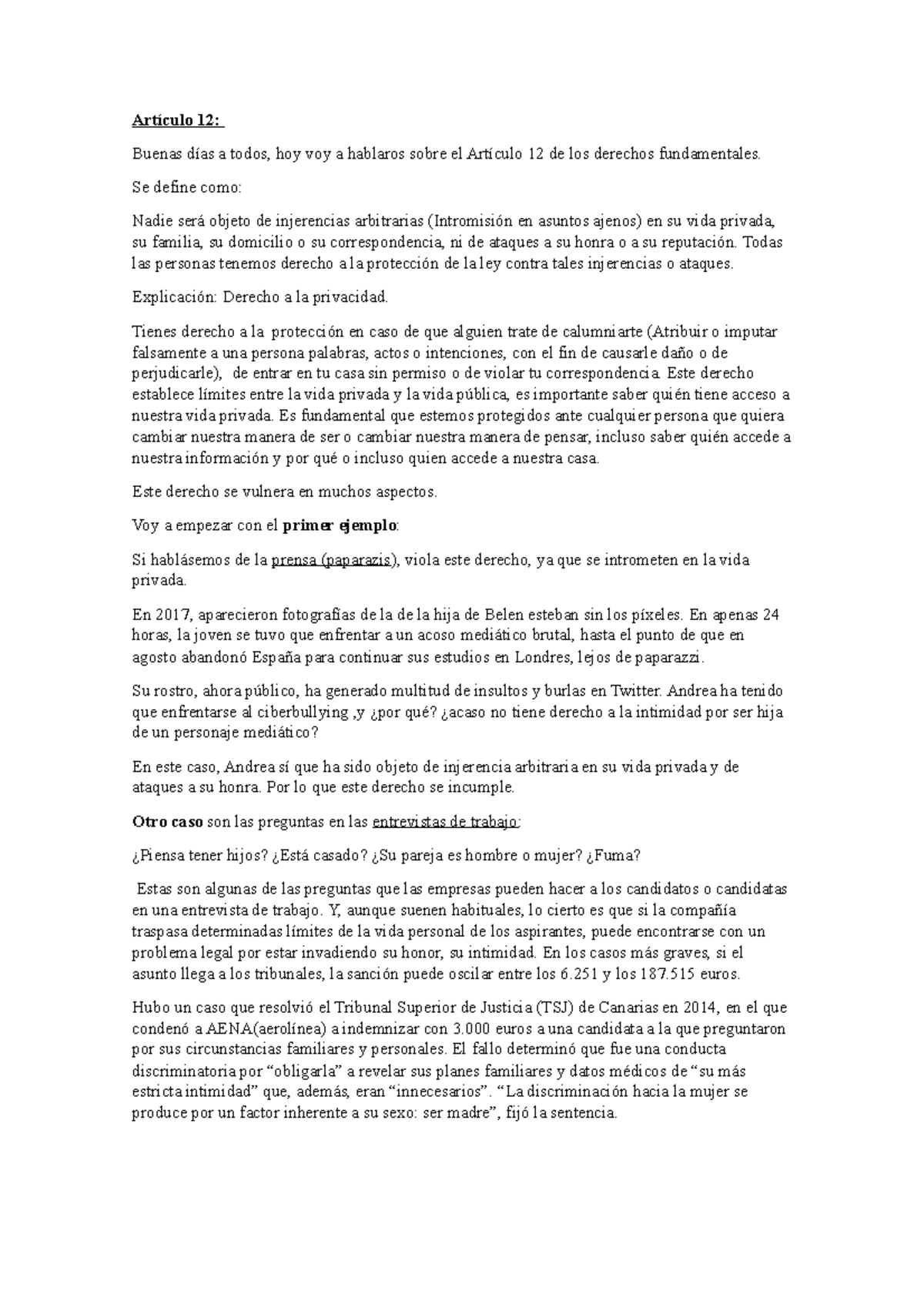 Artículo 12 - lolo - Artículo 12: Buenas días a todos, hoy voy a ...