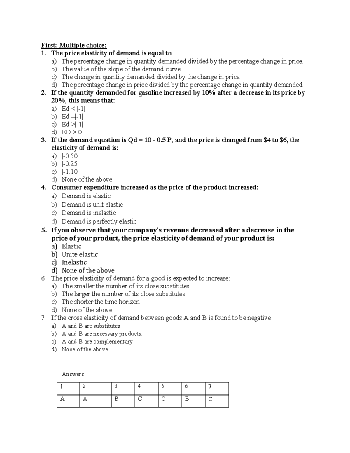 Elasticity questions A - First: Multiple choice: The price elasticity ...