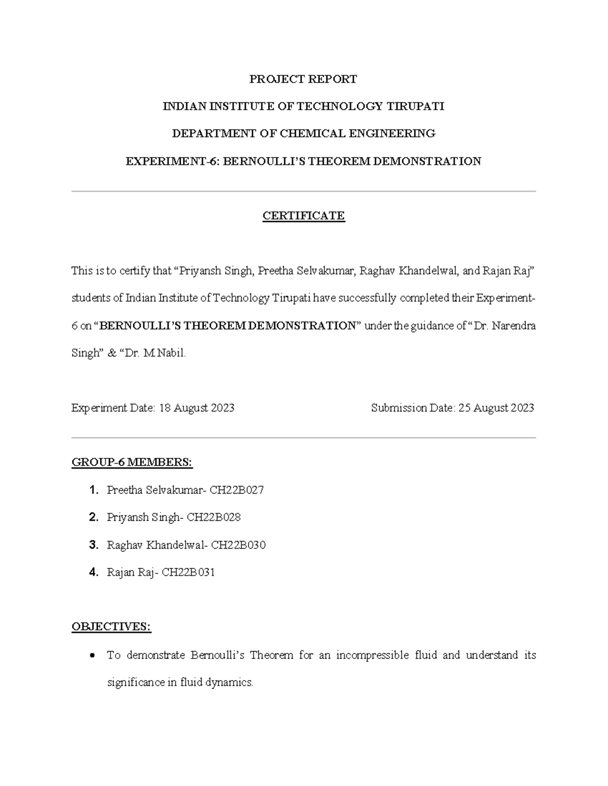 Experiment-6 Bernoulli’S Theorem Demonstration - PROJECT REPORT INDIAN ...