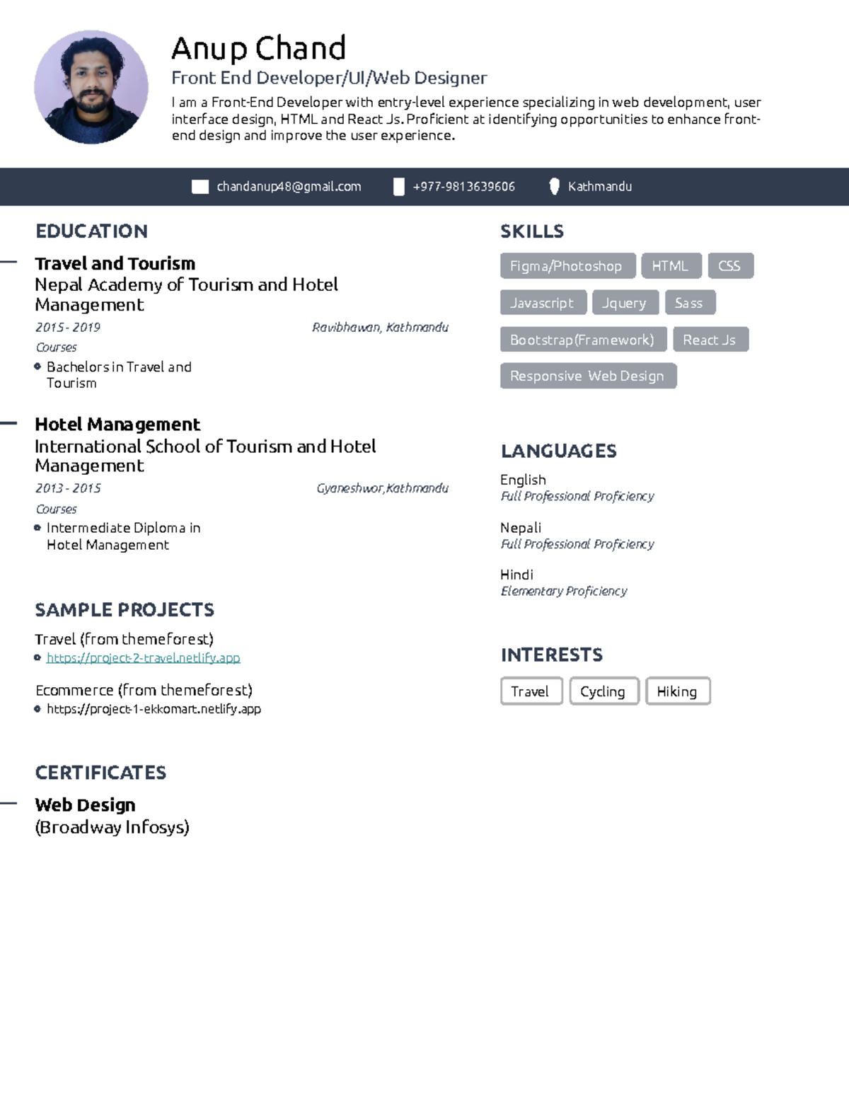 Tribhuvan university - Anup Chand Front End Developer/UI/Web Designer I am a Front-End Developer ...
