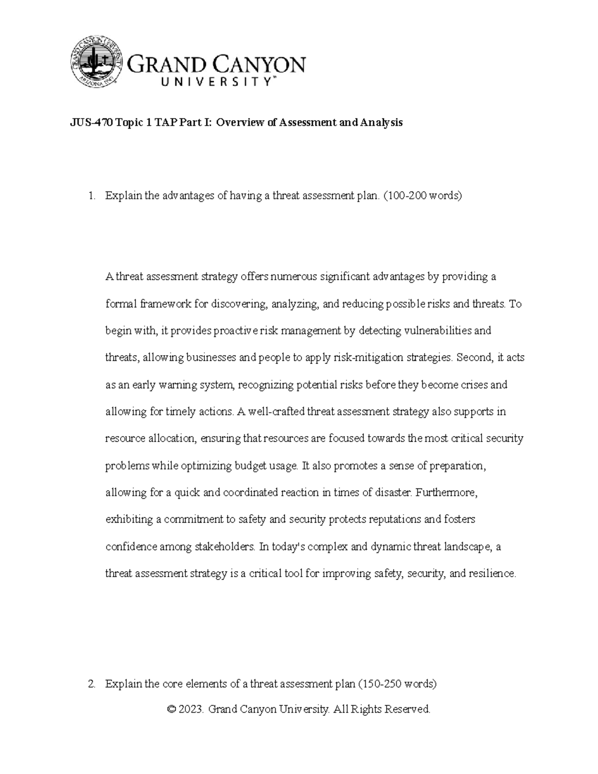 JUS-470 T1 Overview of Assessment and Analysis - JUS-470 Topic 1 TAP Part I: Overview of ...
