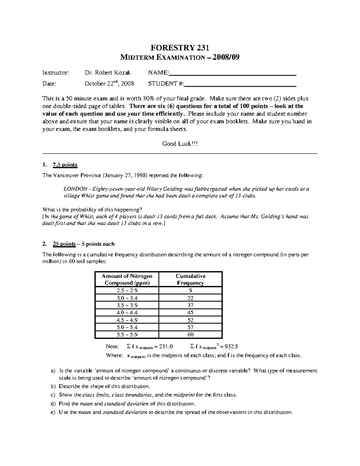Exam 22 October 2008, questions - FORESTRY 231 MIDTERM EXAMINATION ...