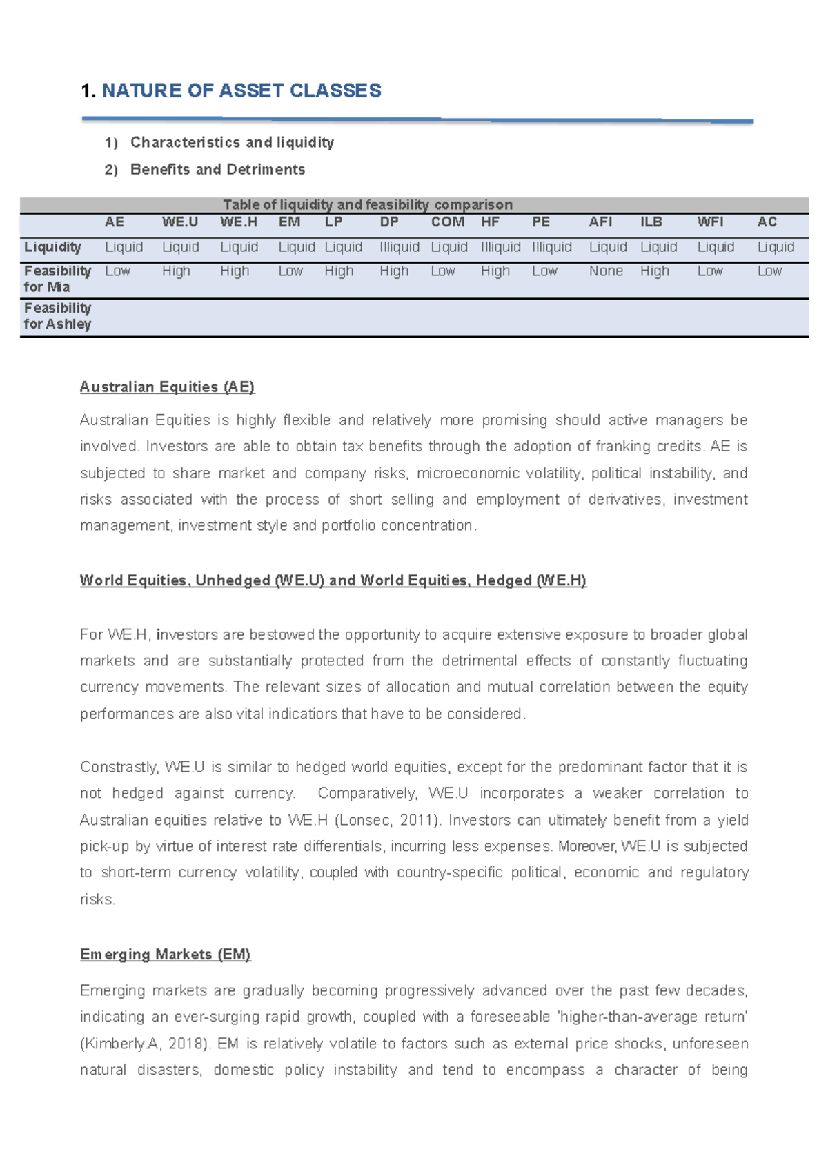 Nature of Asset Classes - 1 OF ASSET CLASSES Characteristics and ...
