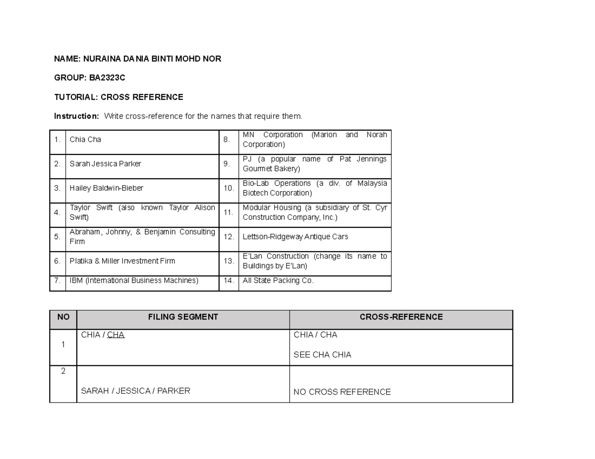 ASM501 Exercise Cross Reference - NAME: NURAINA DANIA BINTI MOHD NOR ...