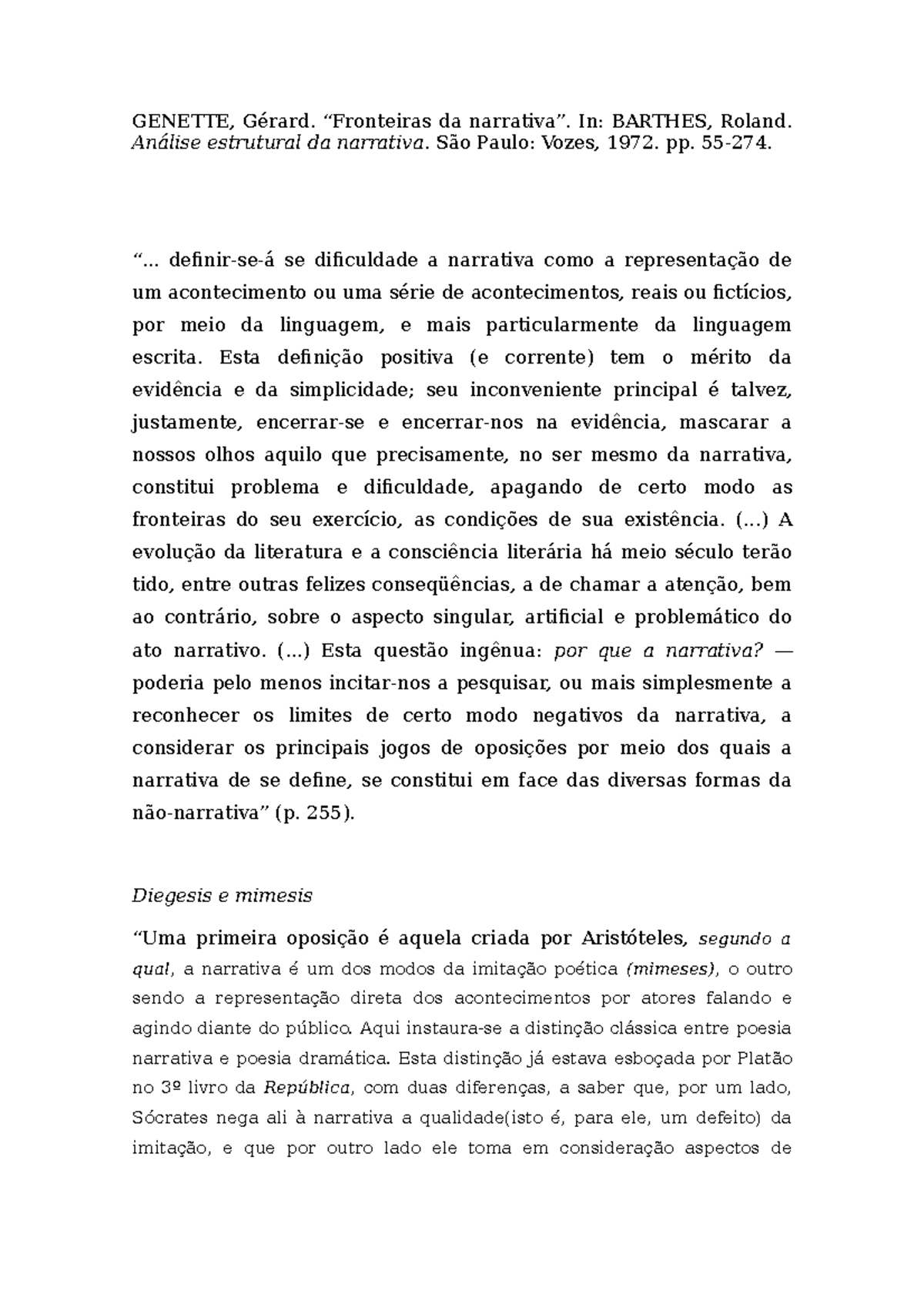 Genette, Gérard. Fronteiras da narrativa - GENETTE, Gérard. “Fronteiras ...