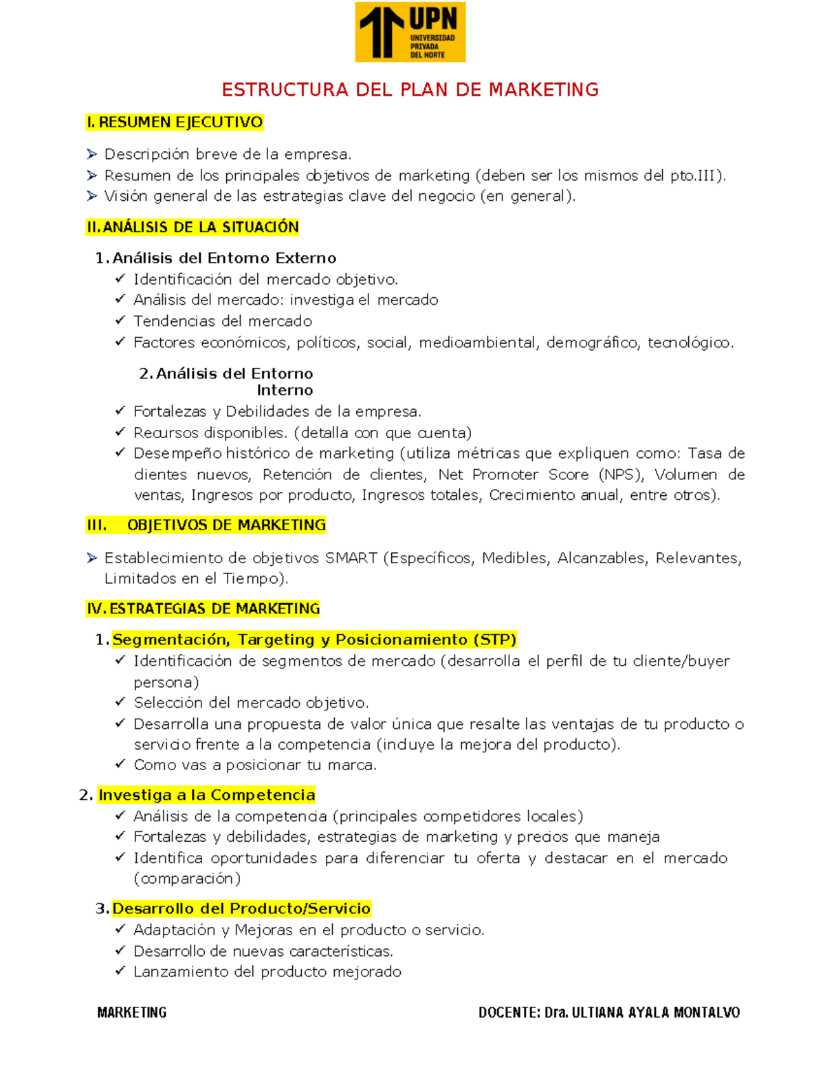 Estructura DEL PLAN DE Marketing UPN 2024 - MARKETING DOCENTE: Dra ...