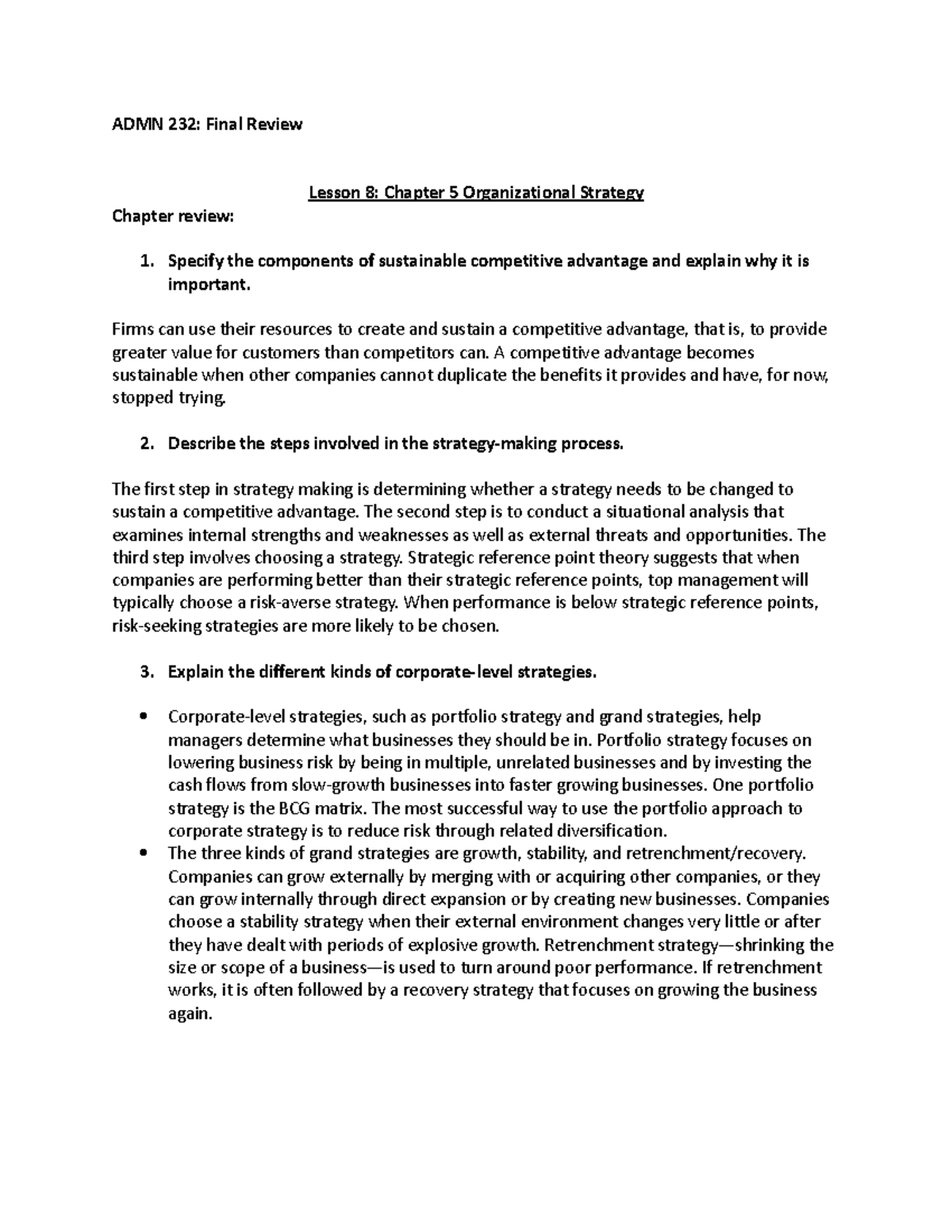ADMN 232 final review - ADMN 232: Final Review Lesson 8: Chapter 5 ...