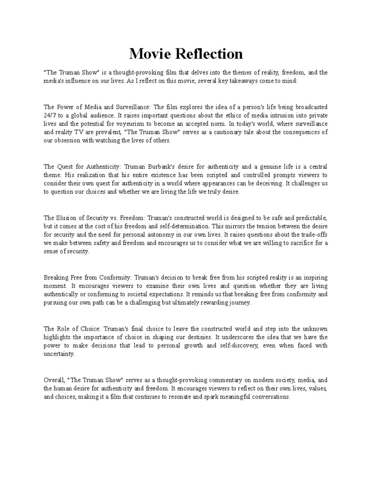 Movie Reflection - Movie Reflection "The Truman Show" is a thought ...