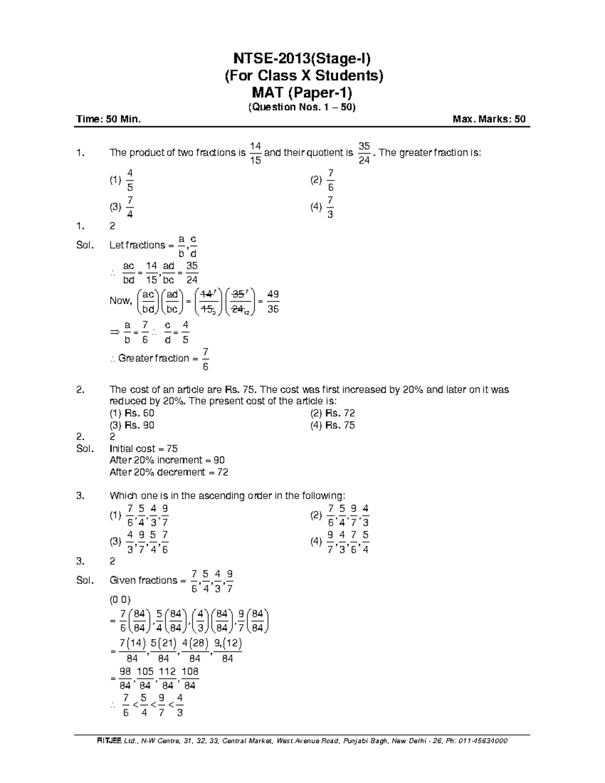Document Pdf 74 - practice material - NTSE-2013(Stage-I) (For Class X Students) MAT (Paper-1 ...