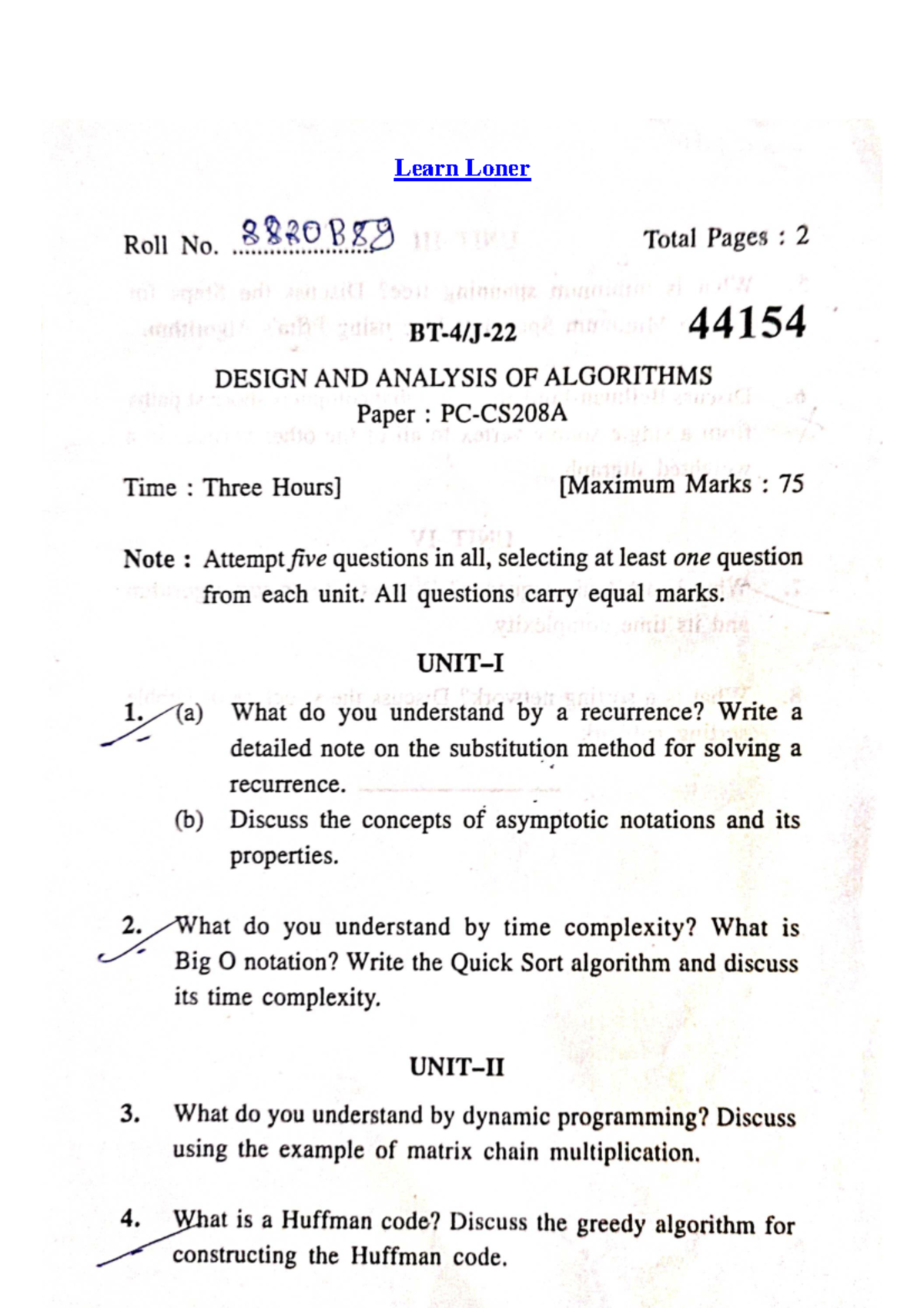DAA 2022 KUK CSE - Btech Cse Aiml - Learn Loner - Studocu