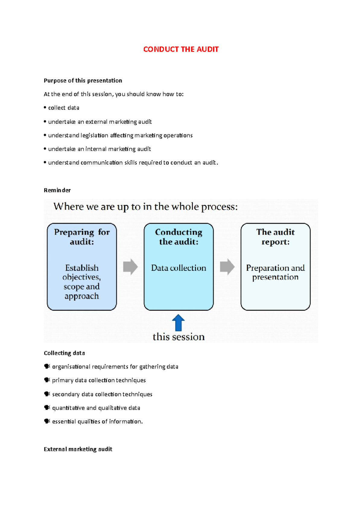Conduct THE Audit - CONDUCT THE AUDIT Purpose of this presentaion At ...