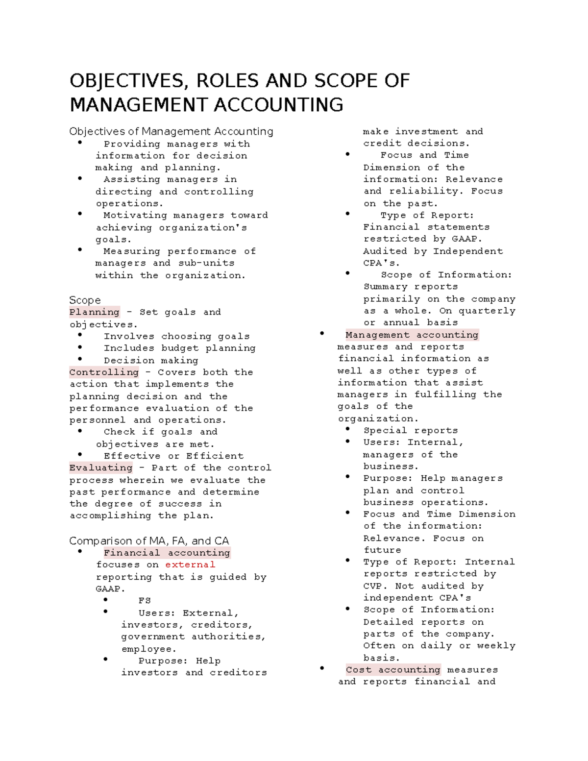 OBJECTIVES, ROLES AND SCOPE OF MANAGEMENT ACCOUNTING, COST TERMS ...