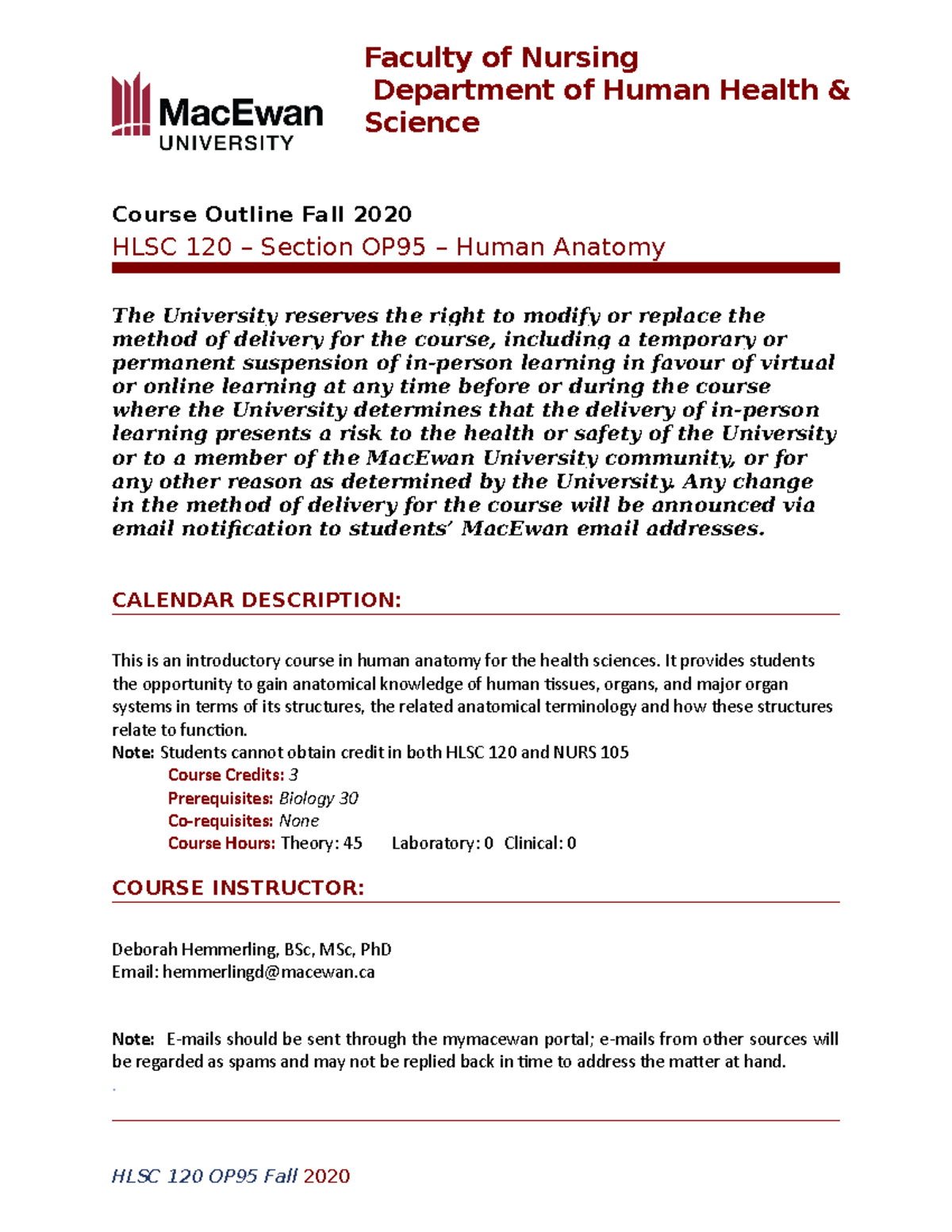 HLSC-120 Fall 2020 course outline revised 3ed - Course Outline Fall 2020 HLSC 120 – Section OP95 ...