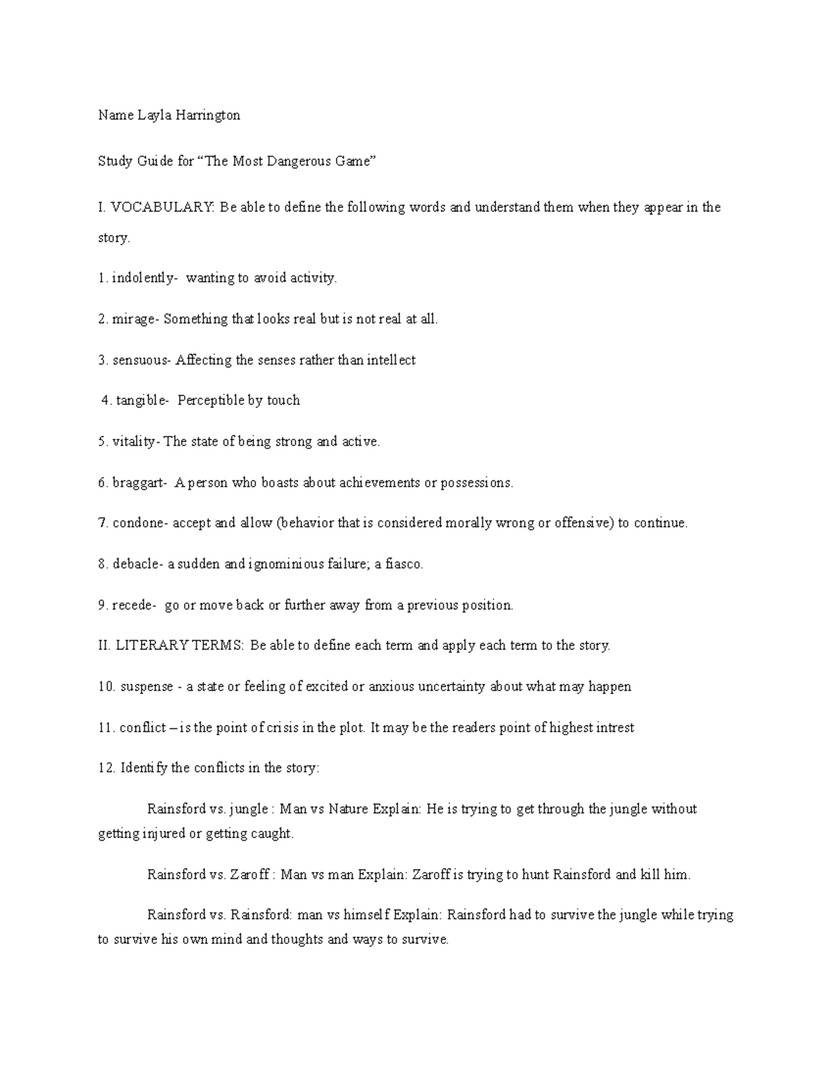 Reading Guide- The Most Dangerous Game - Name Layla Harrington Study ...