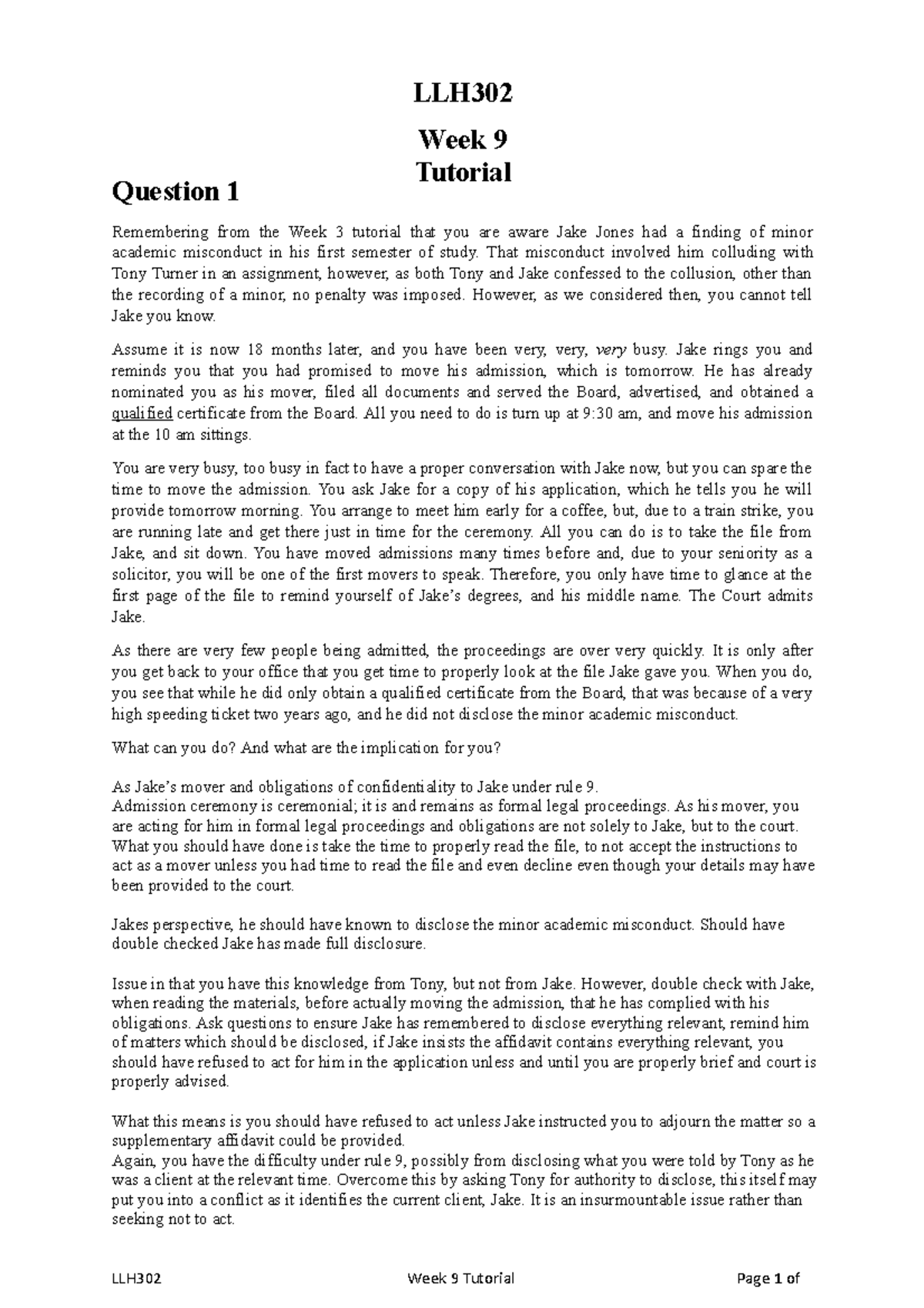 Week 9 tutorial Solicitors Duties and Interests - Question 1 LLH Week 9 Tutorial Remembering ...