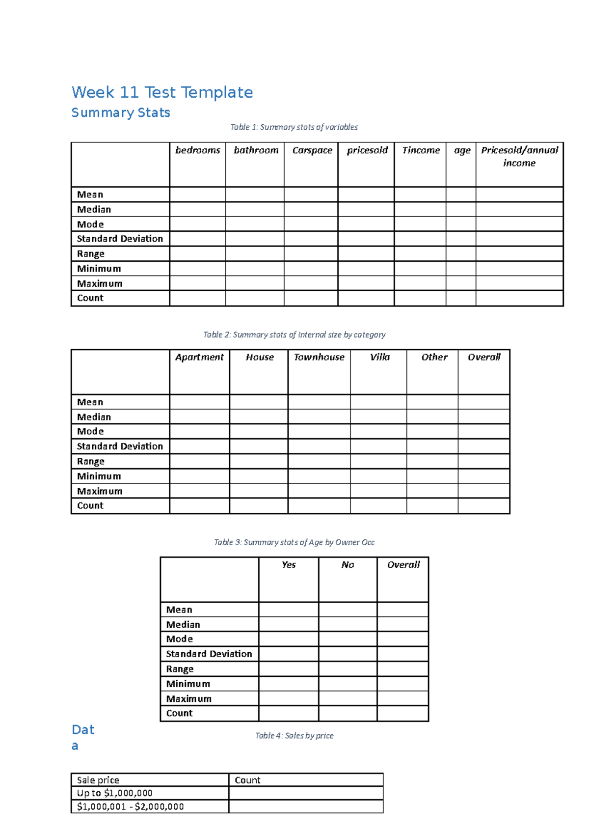 Data Template - Week 11 Test Template Summary Stats Table 1: Summary ...